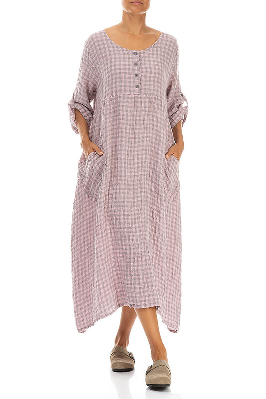 Buttoned Pink Check Linen Dress – grizas.com