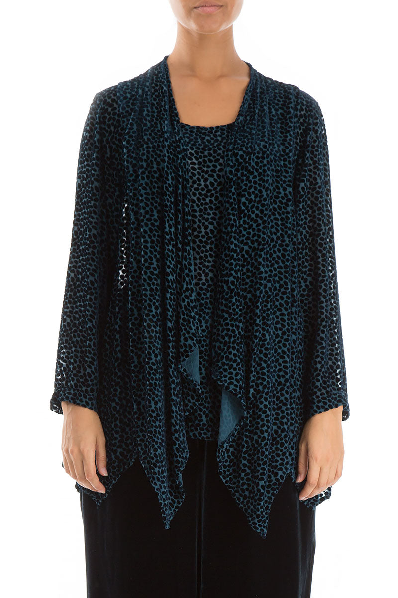 Devoré Dot Petrol Blue Silk Velvet Jacket - Blouse – grizas.com