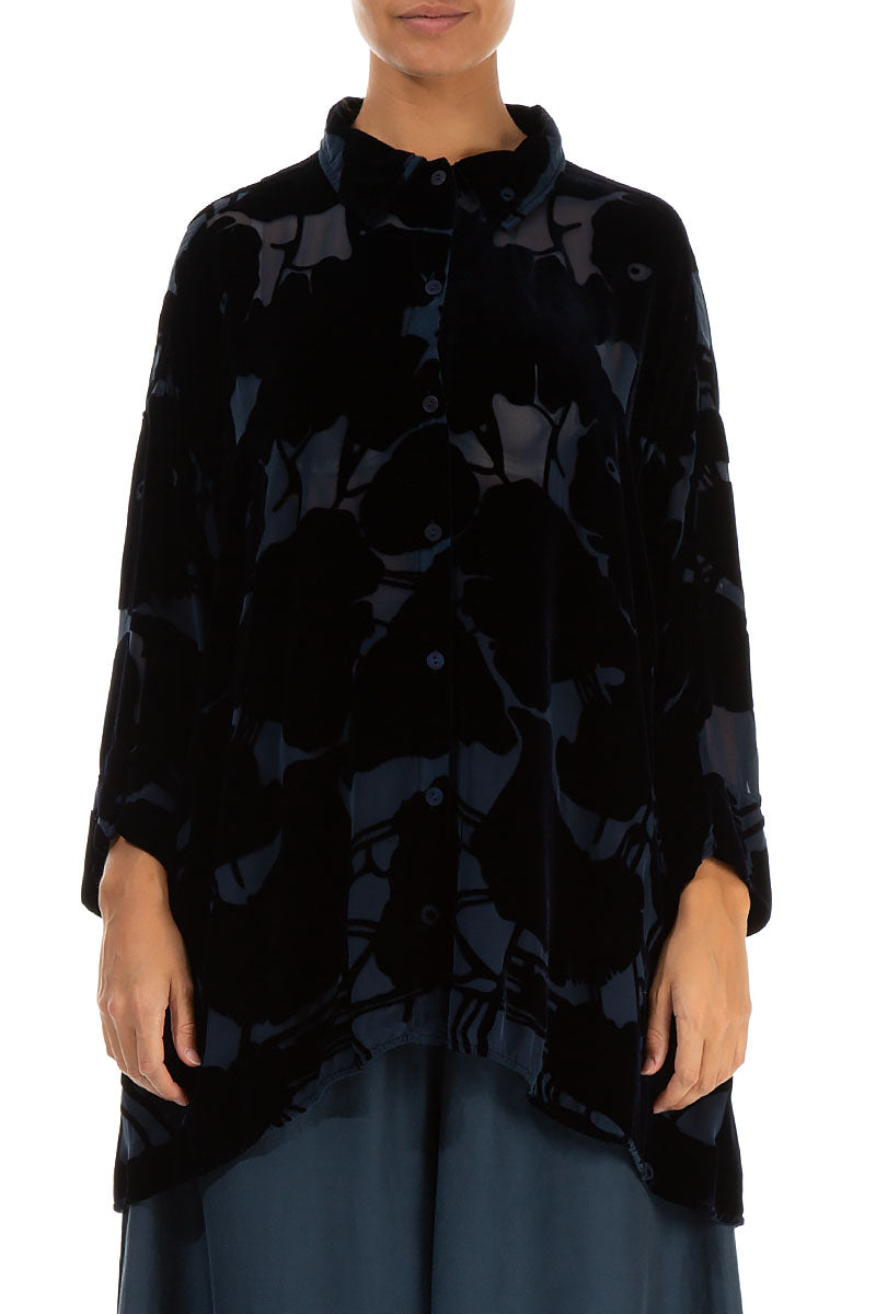 Devoré Pattern Midnight Blue Silk Velvet Shirt – grizas.com
